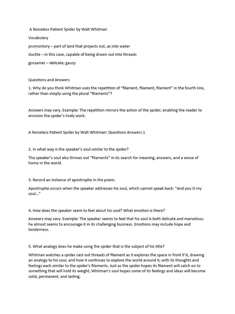 Whitman's "A Noiseless Patient Spider" Analysis | PDF