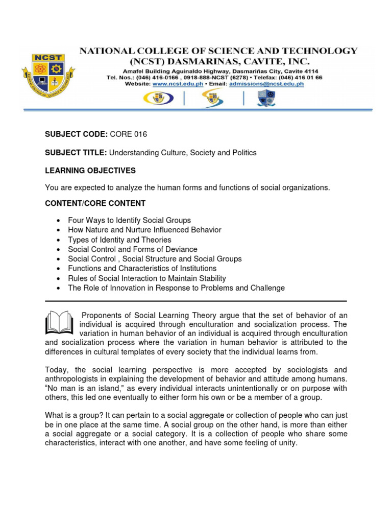 Q1. W8. Understanding Culture, Society and Politics | PDF | Deviance ...