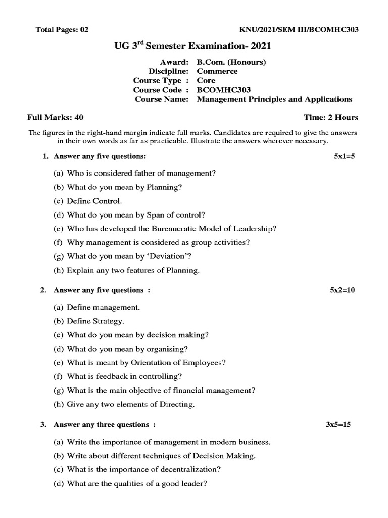 Bcom 3 Sem Hons Commerce Management Principles and Applications Bcomhc303 2021 | PDF