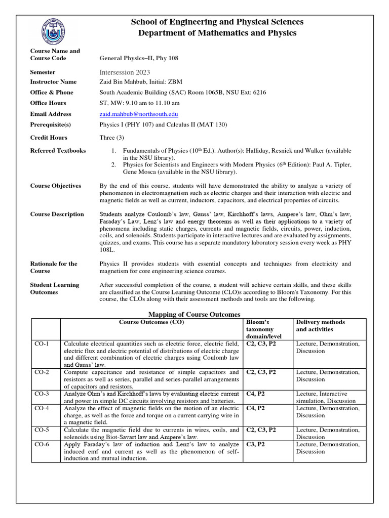Course Outline Phy108 Inter 23 | PDF | Series And Parallel Circuits ...