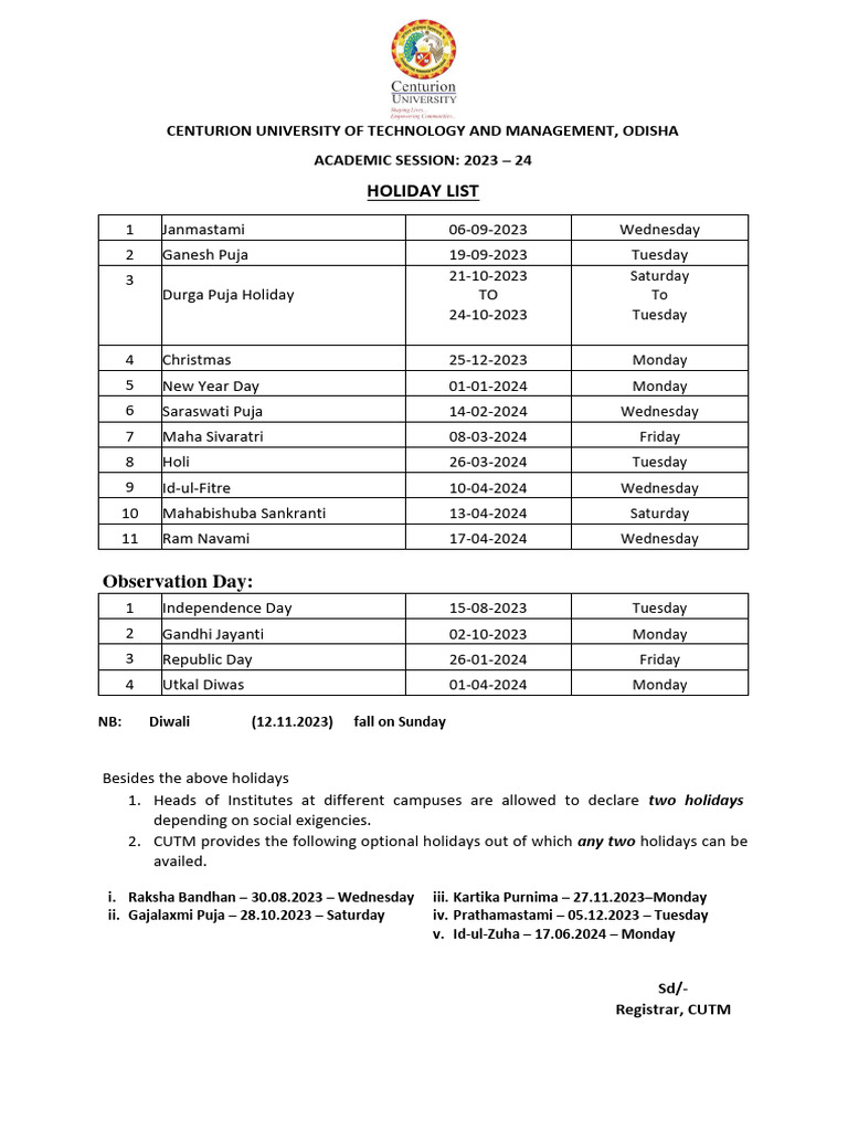 Holiday List-2023-24 | PDF