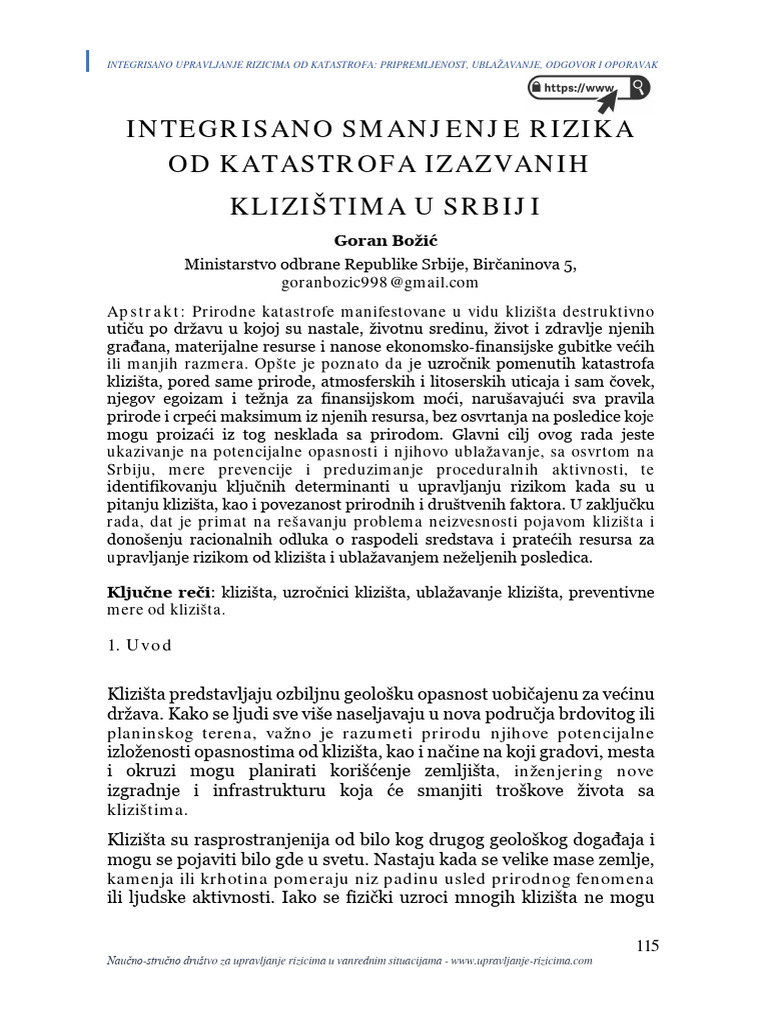 Integrisano Smanjenje Rizika Od Katastrofa Izazva-Nih Klizištima U ...