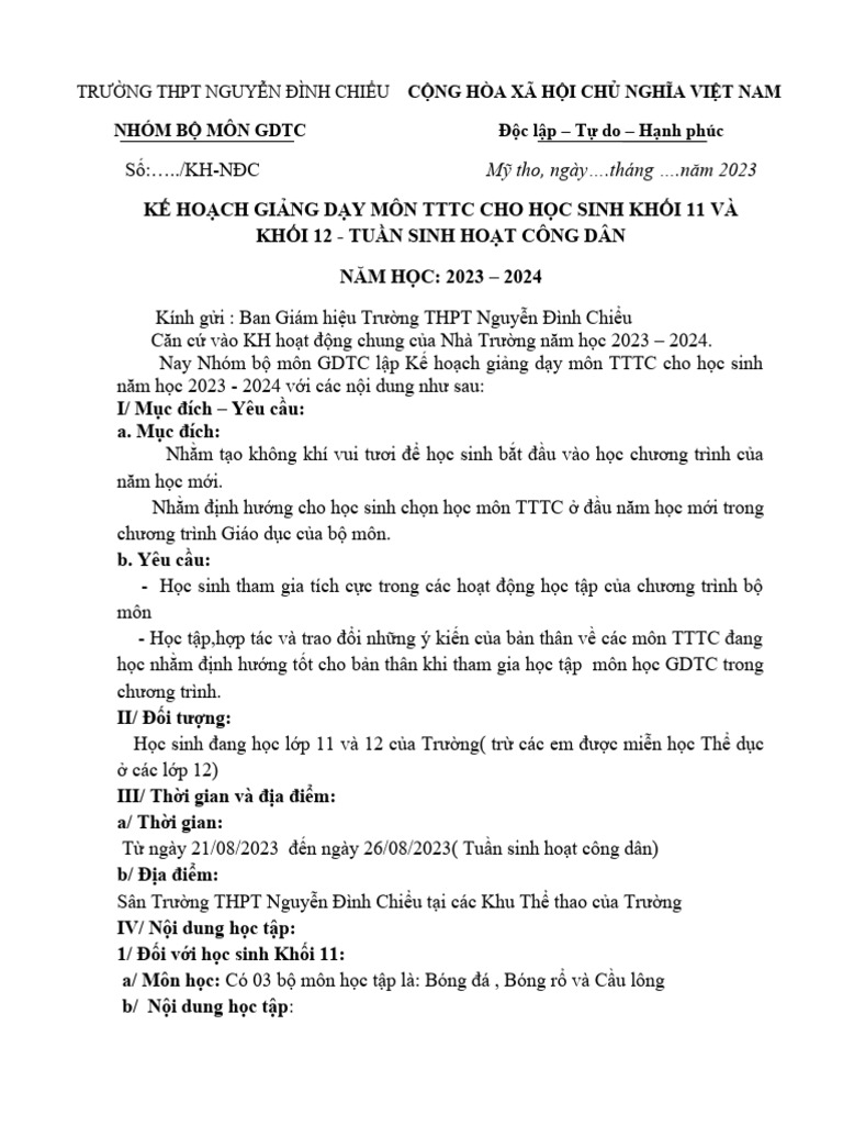 2.ke Hoach Giang Day TTTC Tuan SHCD 1 1 | PDF