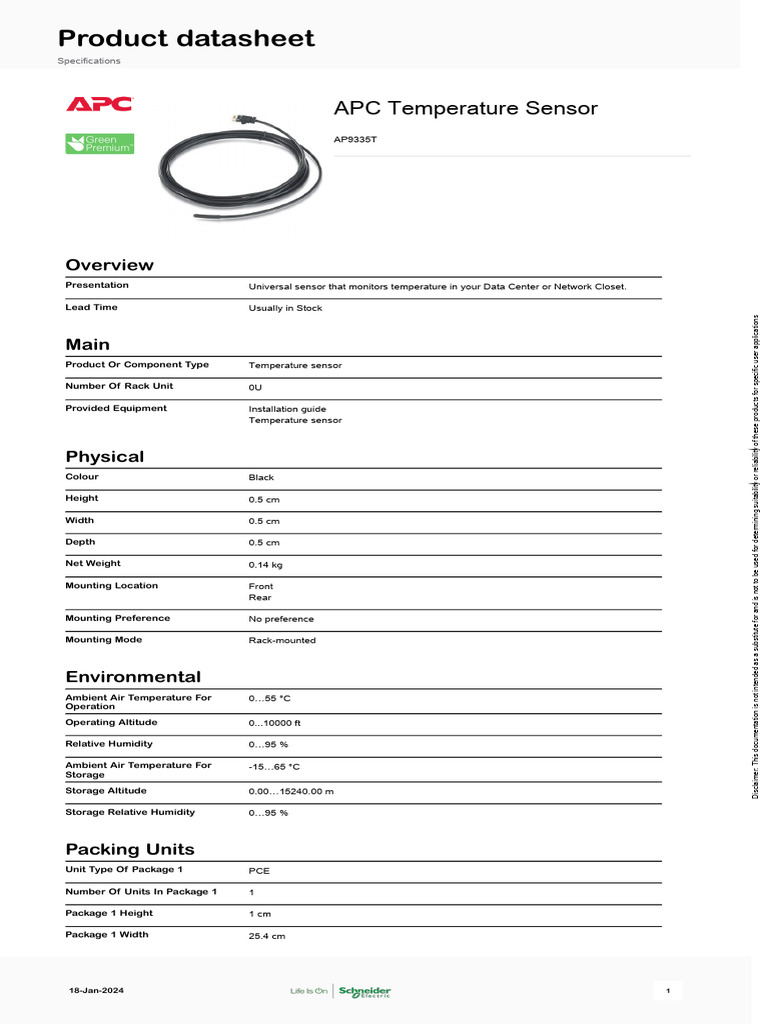 APC AP9335T Temperature Sensor Overview | PDF | Sustainability