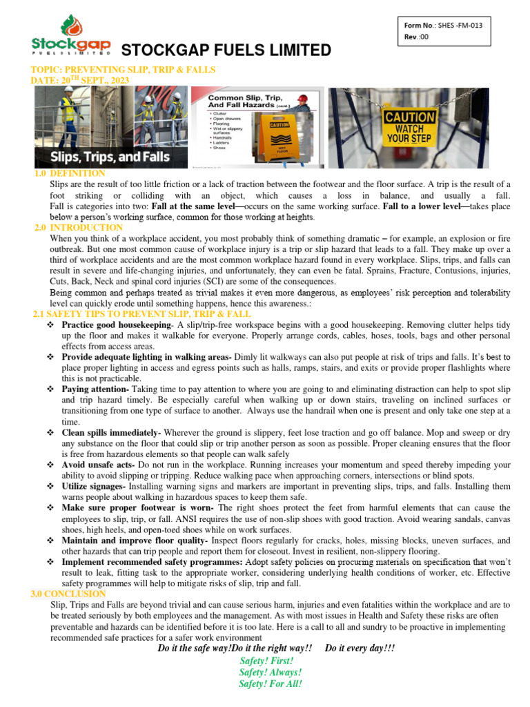 TOOLBOX TALK - SLIP, TRIP & FALL | PDF | Occupational Safety And Health ...