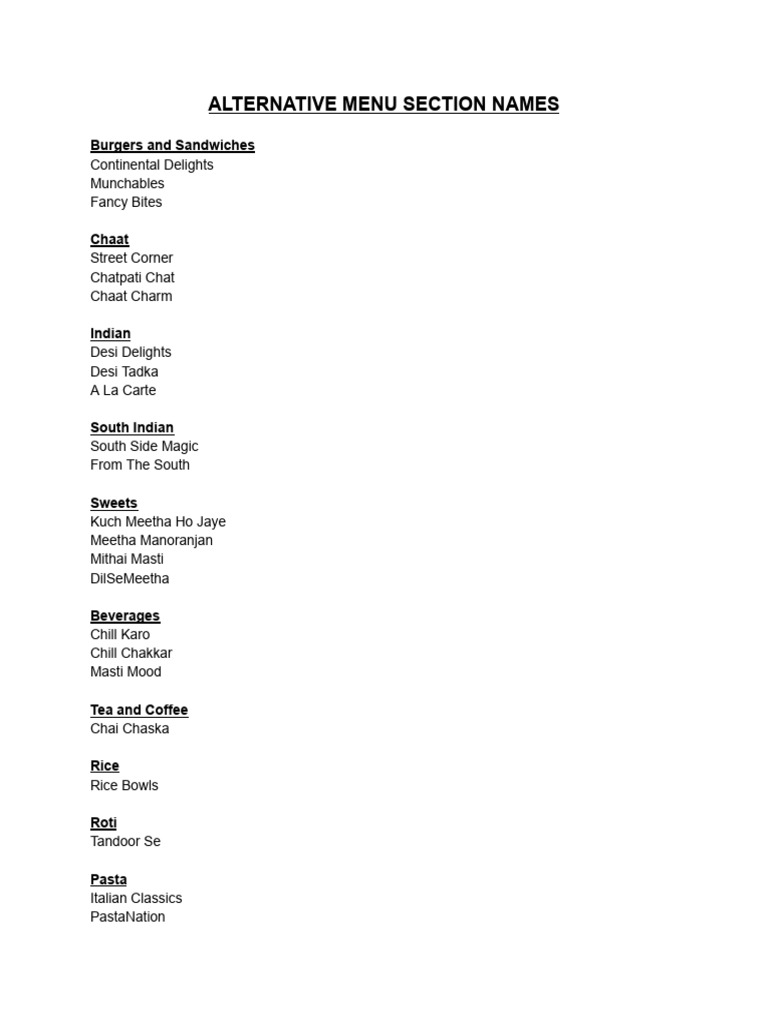 Alternative Menu Section Names | PDF | Cooking, Food & Wine | Religion ...