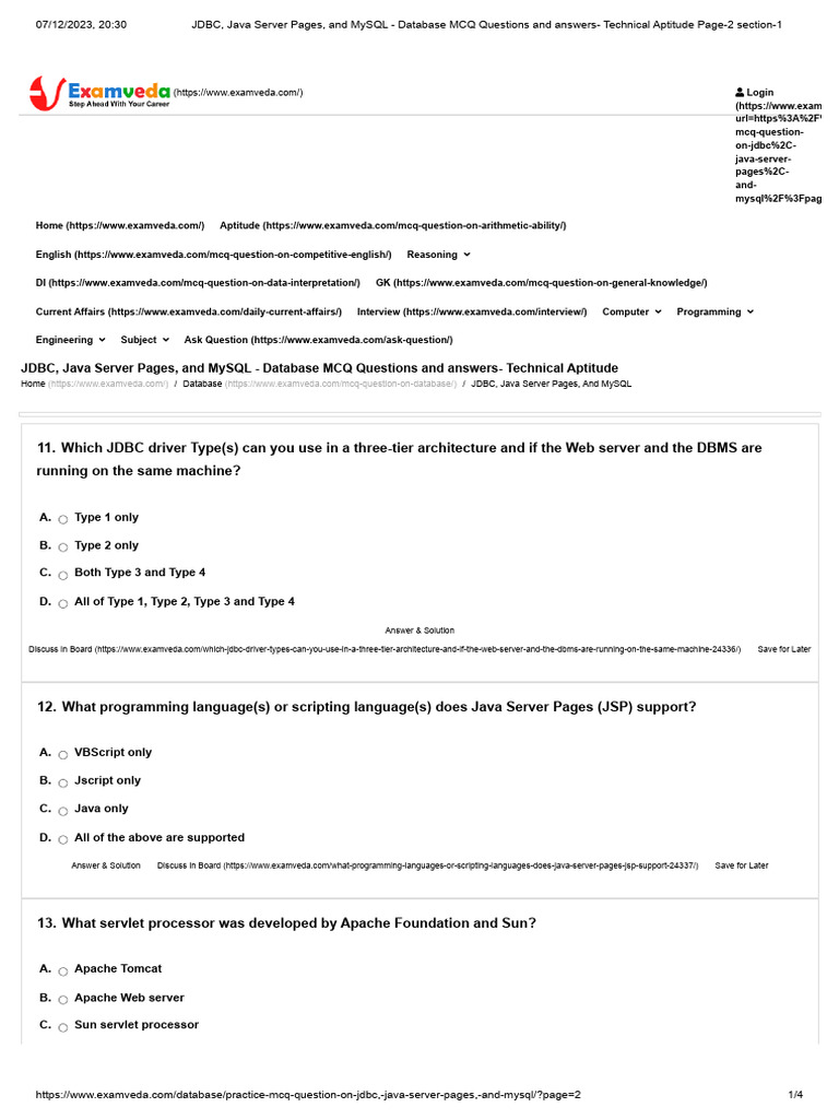 JDBC, Java Server Pages, and MySQL - Database MCQ Questions and Answers - Technical Aptitude ...