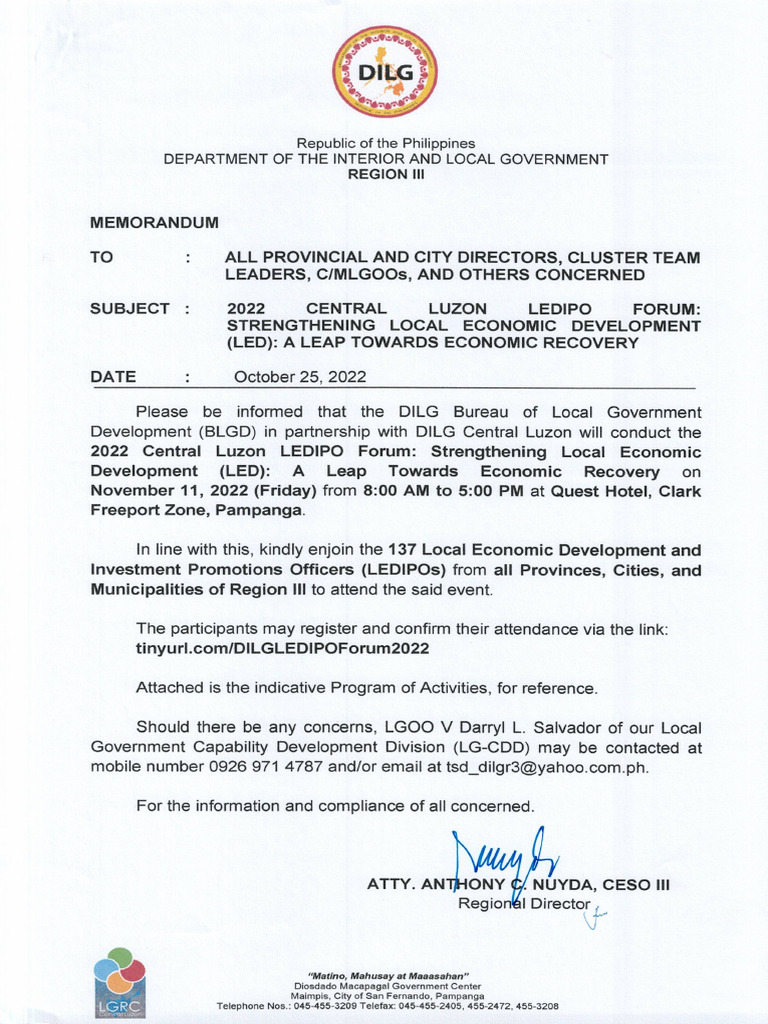 Memo RE 2022 CENTRAL LUZON LEDIPO FORUM STRENGTHENING LOCAL ECONOMIC DEVELOPMENT (LED) A LEAP ...