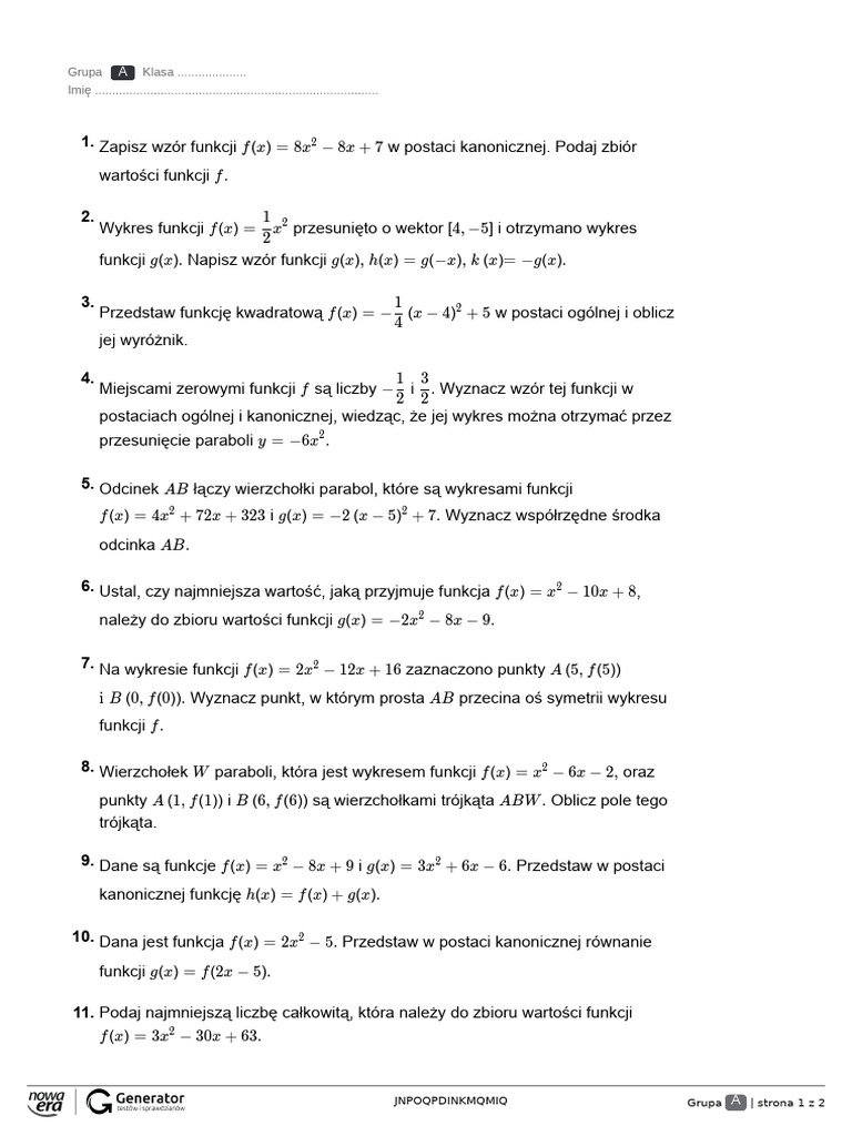Sprawdzian Matematyka kl 1 FUNKCJE KWADRATOWE ROZSZERZENIE | PDF