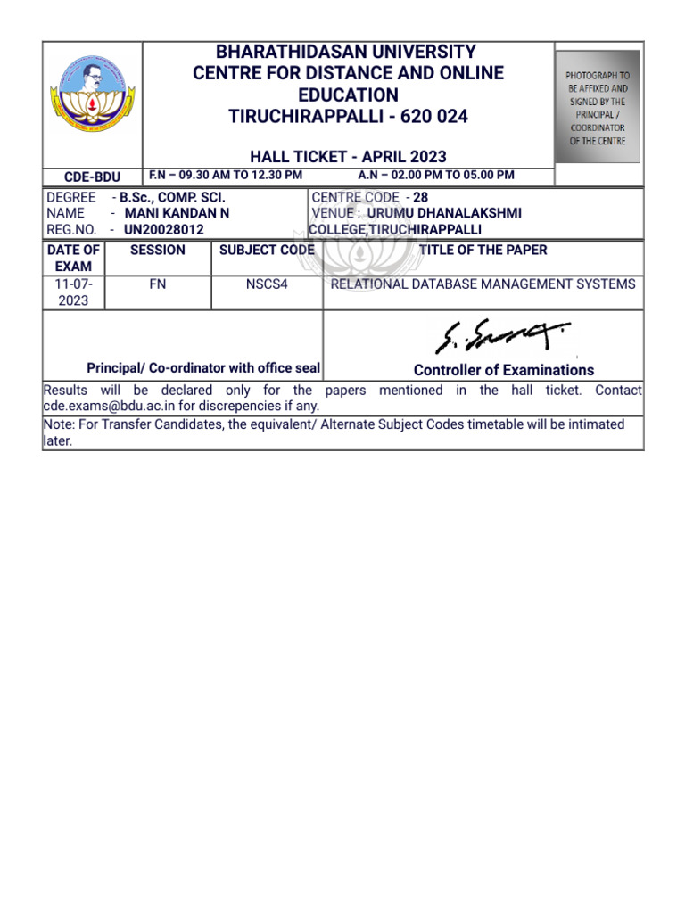 BDU CDE Hall Ticket April 2023 | PDF | Technology & Engineering