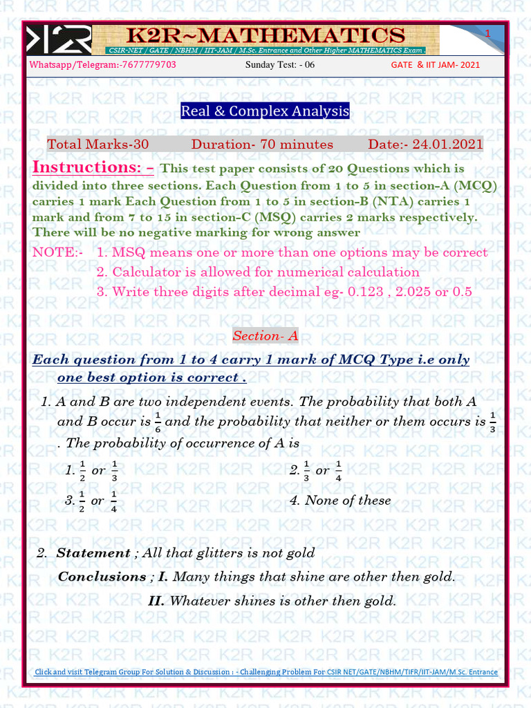 GATE Sunday Test-6, Real - Complex Analysis, K2R | PDF | Science ...