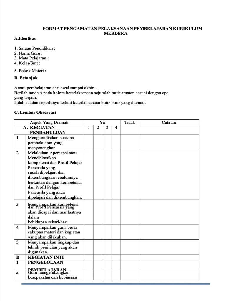 Format Observasi Pembelajaran Kurikulum Merdeka | PDF