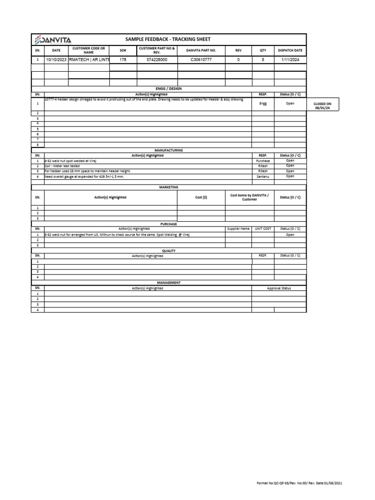 Sample Feedback Tracking Sheet | PDF | Mechanical Engineering ...
