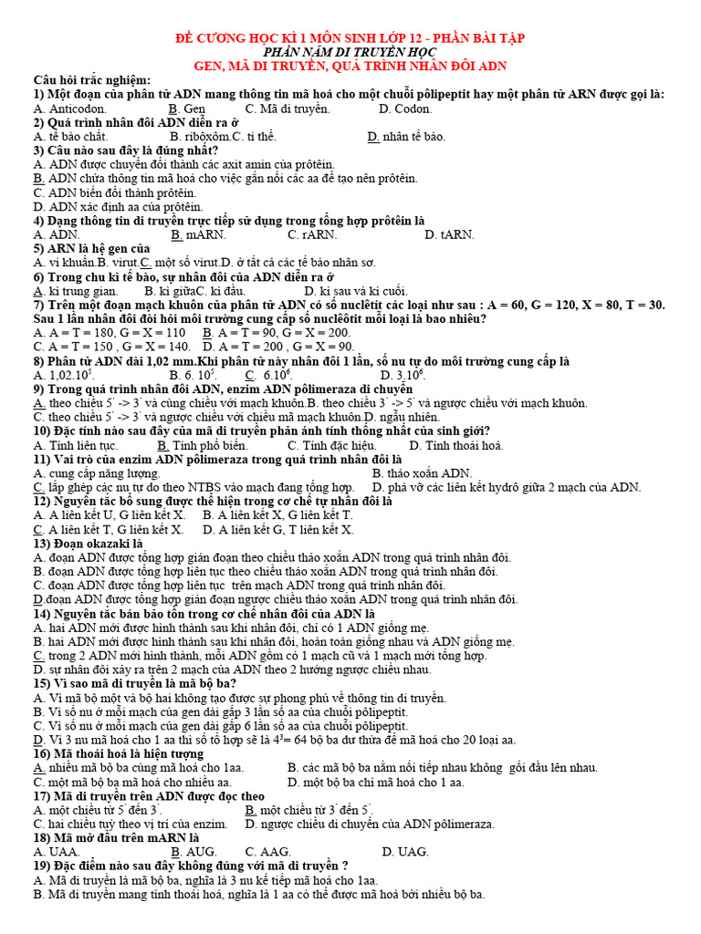 On Tap Kiem Tra HK 1 Sinh Hoc 12 Trac Nghiem | PDF