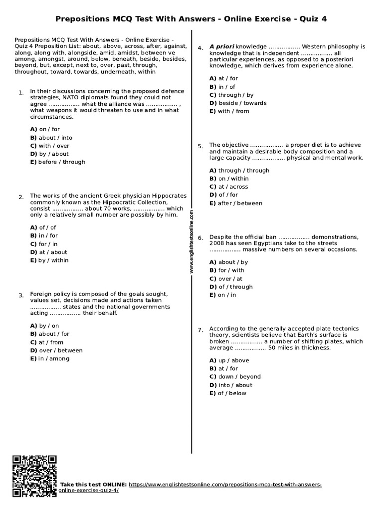 559 - Prepositions MCQ Test With Answers ... Quiz 4 | PDF