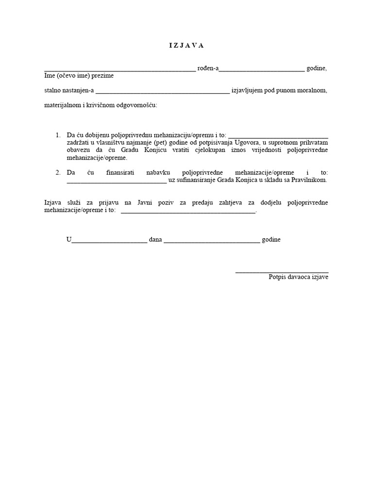 Izjava Za Mehanizaciju I Opremu 3 | PDF