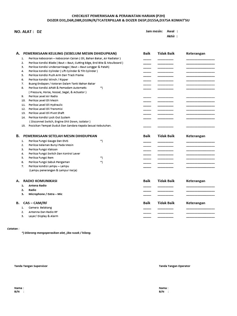 Checklist Dozer Revisi | PDF