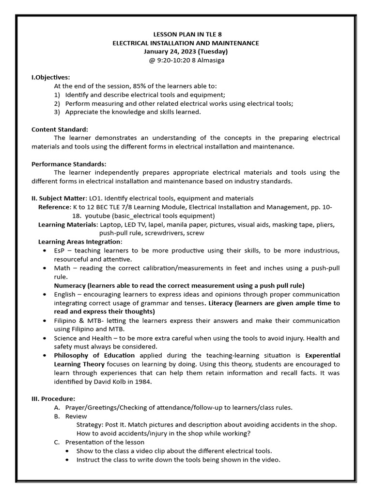 TLE 8: Electrical Tools & Safety | PDF | Learning | Neuroscience