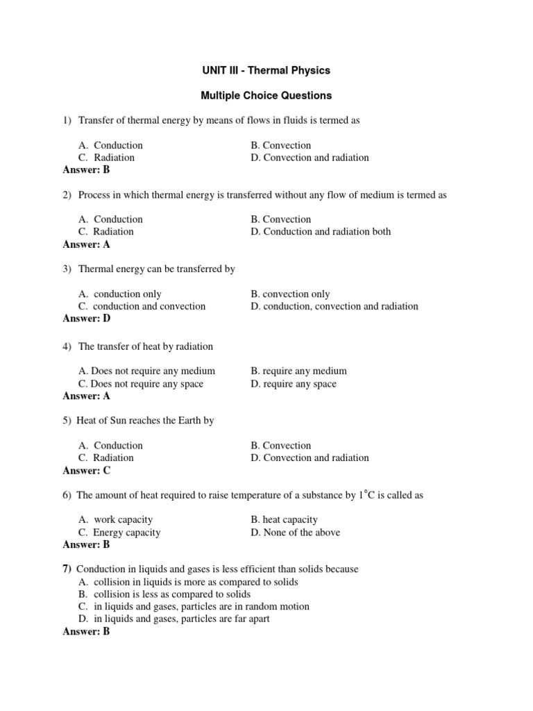 UNIT III Thermal Physics MCQ PDF Thermal Conduction Thermal