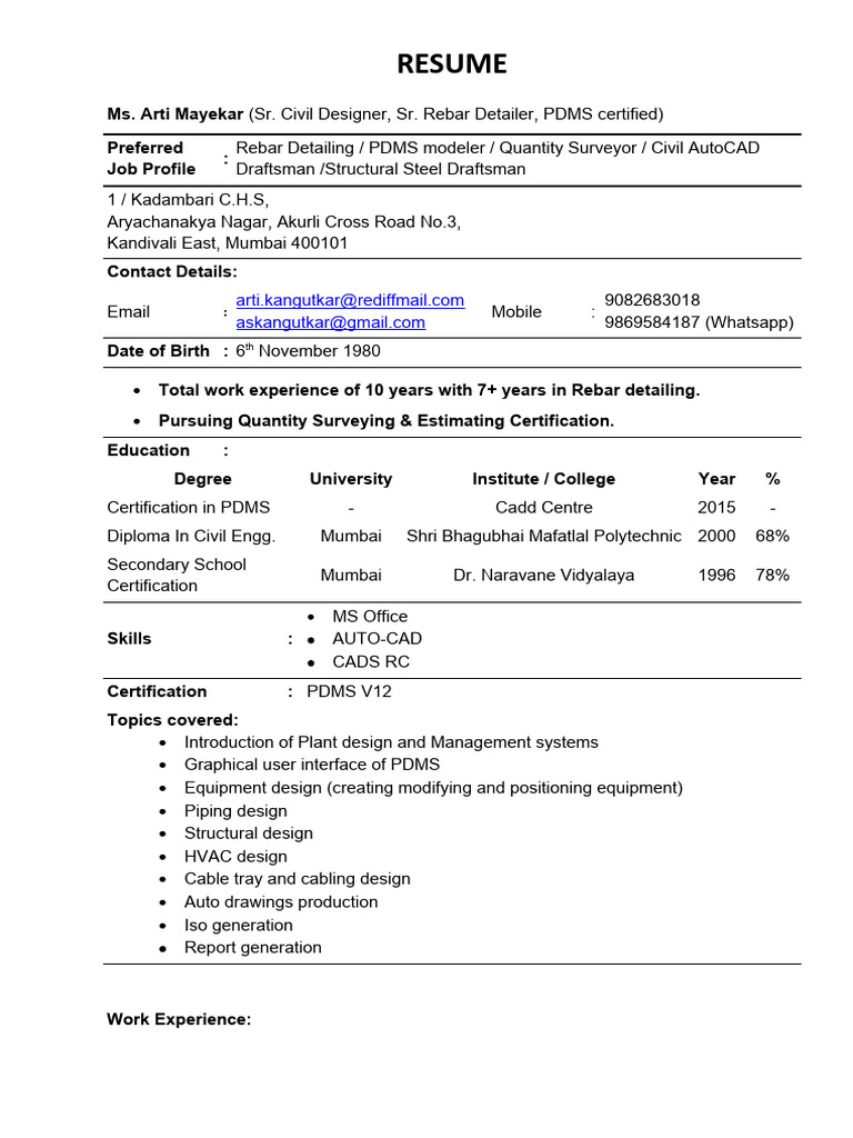Arti Mayekar's Rebar Detailer Resume | PDF