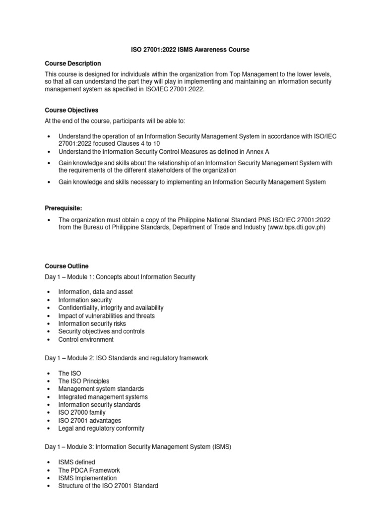 ISO 27001 ISMS Awareness Course Outline | PDF | Information Security | Computer Security