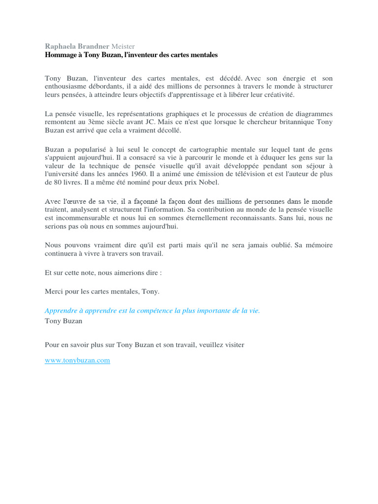 Hommage à Tony Buzan, pionnier des cartes mentales | PDF