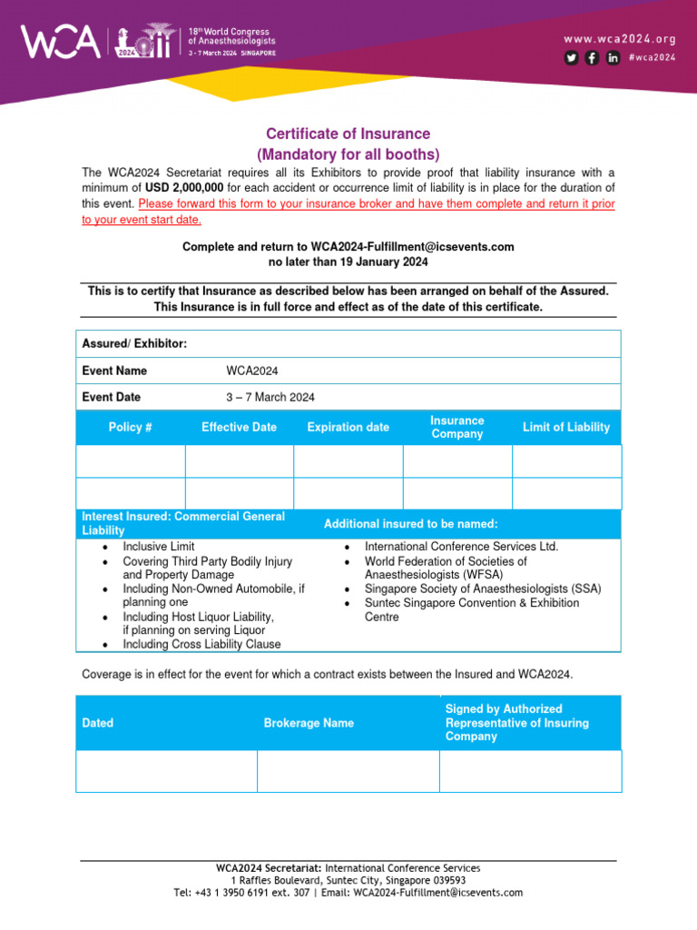 WCA2024 Certificate of Insurance Template | PDF