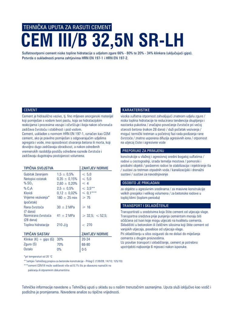 Tehnicka Uputa CEM III - B 325 N SR-LH 10 Kolovoz 04-2012 | PDF