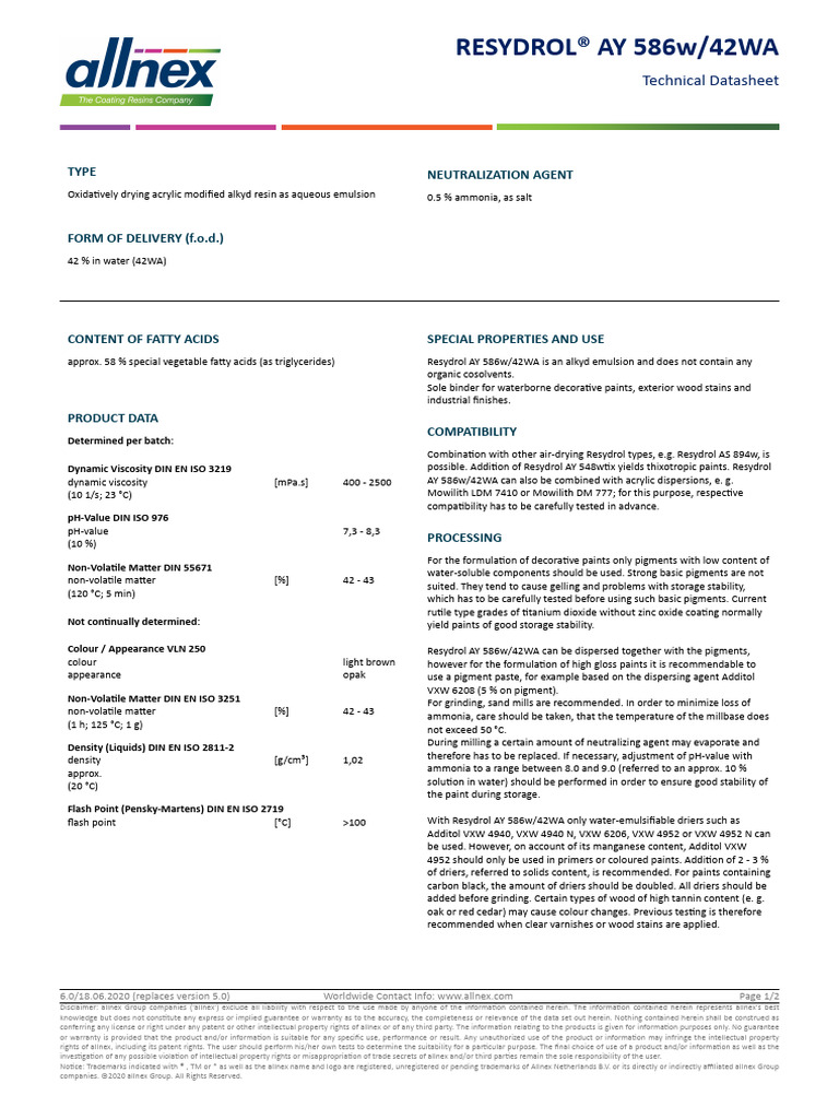 RESYDROL AY 586w 42WA - EN - A4 | PDF | Paint | Physical Sciences