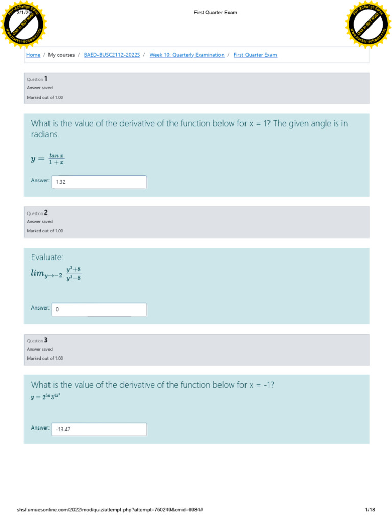 BUSC2112 Basic Calculus First Quarter Exam | PDF | Geometry | Calculus