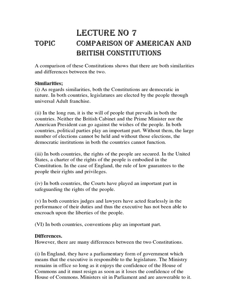 UK vs US Constitutional Comparison | PDF | Constitution | Federal ...