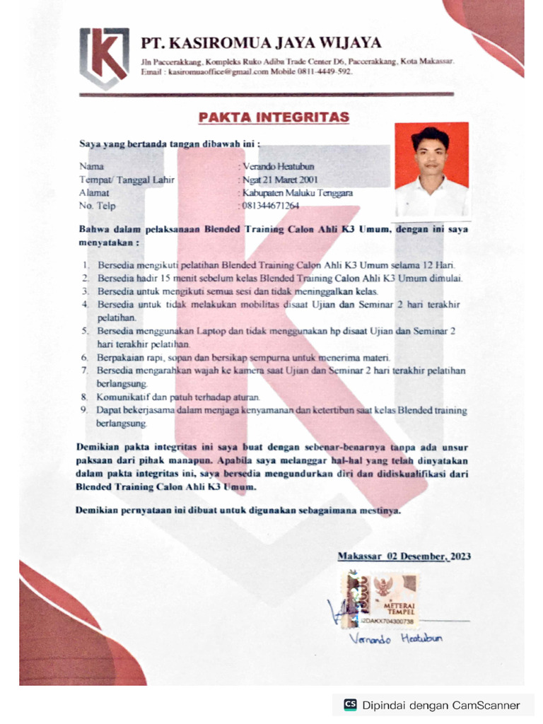 Vernando Heatubun (Pakta Integritas) | PDF