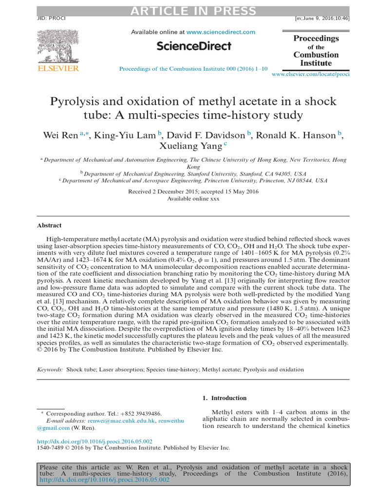Pyrolysis and Oxidation of Methyl Acetate in A Shock Tube: A Multi ...