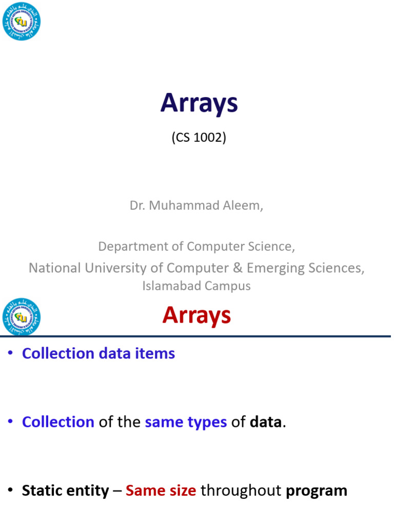 CS 1002 9 Arrays | Download Free PDF | Computer Program | Programming