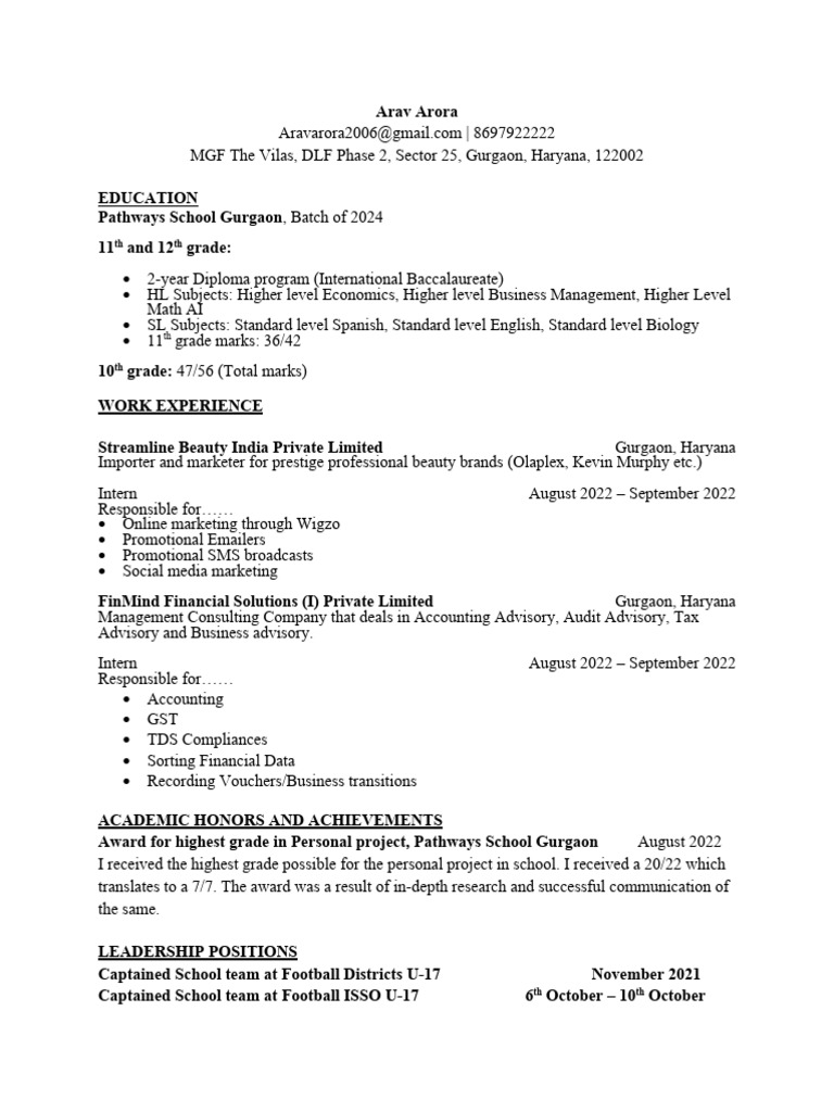 Arav Arora - Resume Template | PDF | Career & Growth