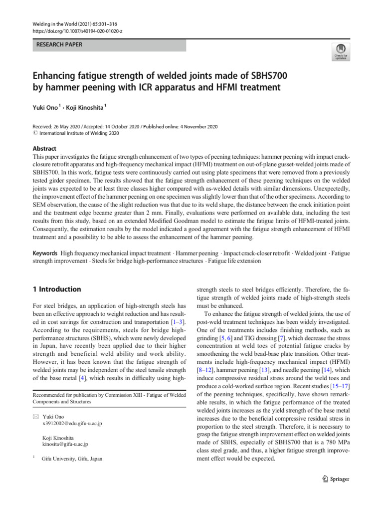 Enhancing Fatigue Strength of Welded Joints Made of SBHS700 by Hammer ...