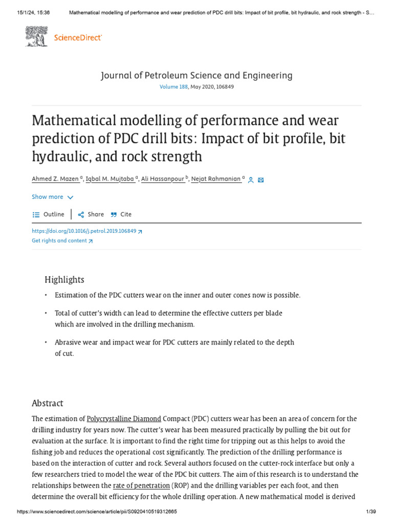 Mathematical Modelling of Performance and Wear Prediction of PDC Drill ...