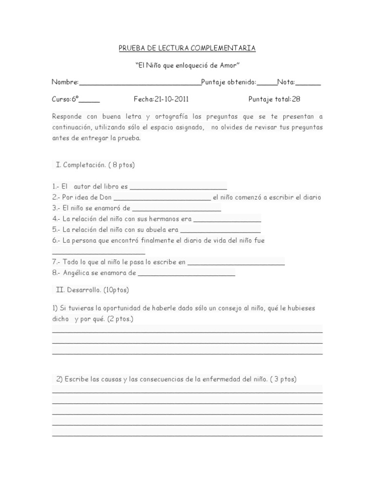 Prueba El Niño Que Enloqueció de Amor 6°a | PDF