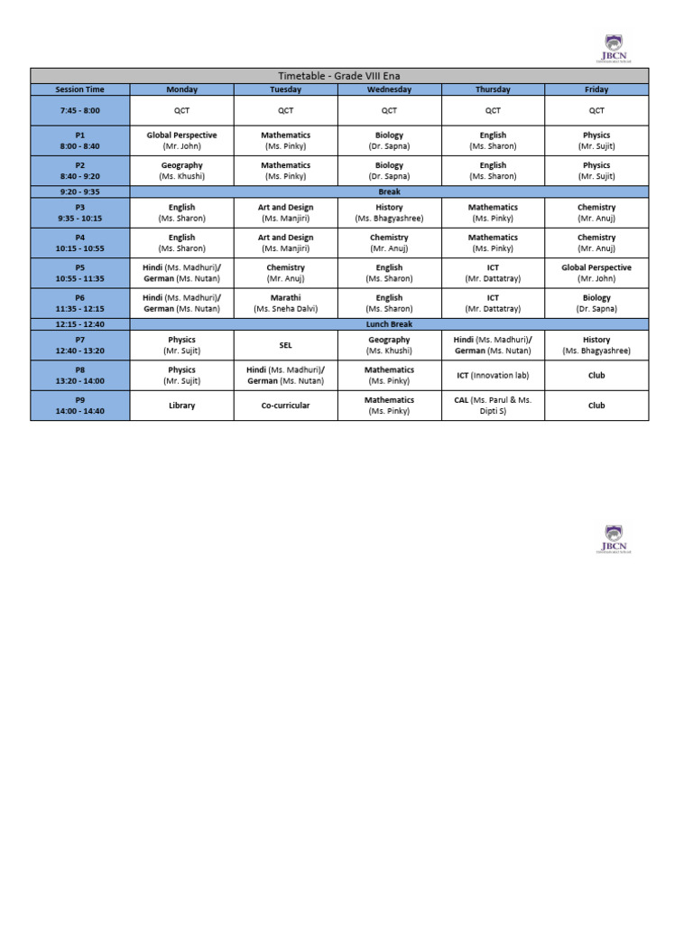 Timetable - Grade VIII Ena | PDF