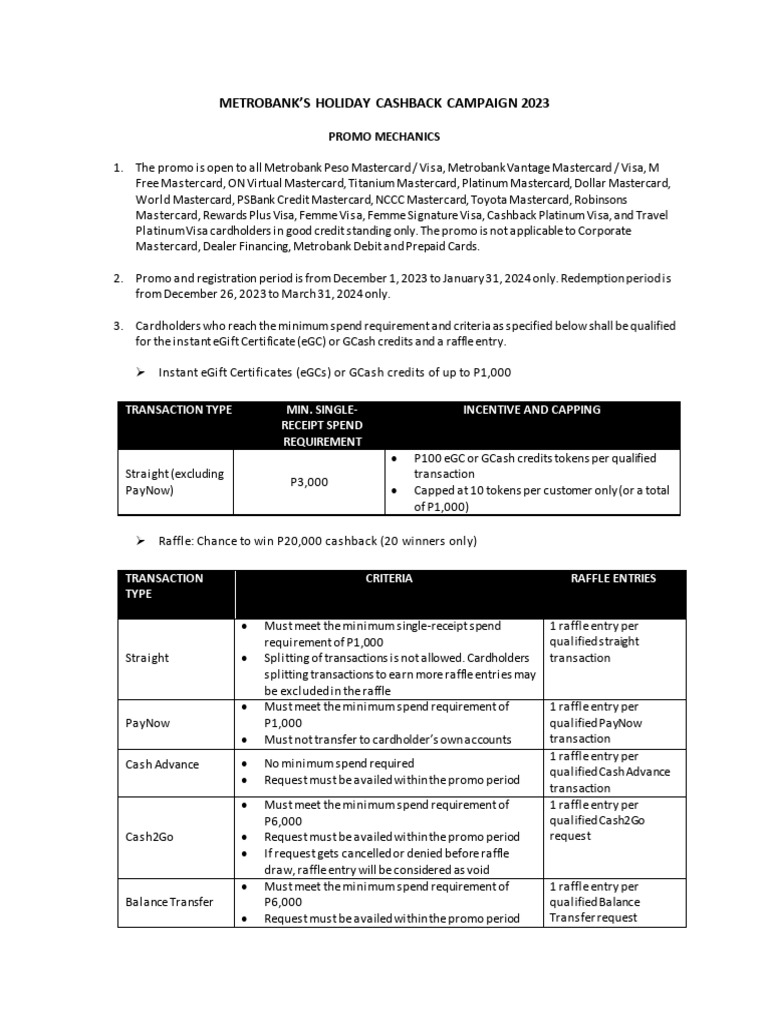 Promo Mechanics - METROBANK'S HOLIDAY CASHBACK CAMPAIGN 2023 | PDF ...