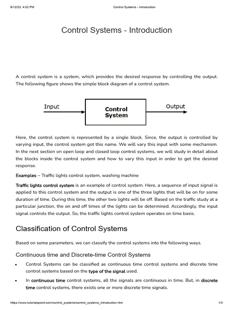 Control Systems Introduction Pdf Feedback Control Theory