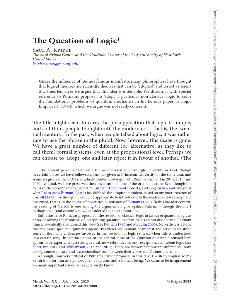 Kripke The Question of Logic | PDF | Logic | Theory