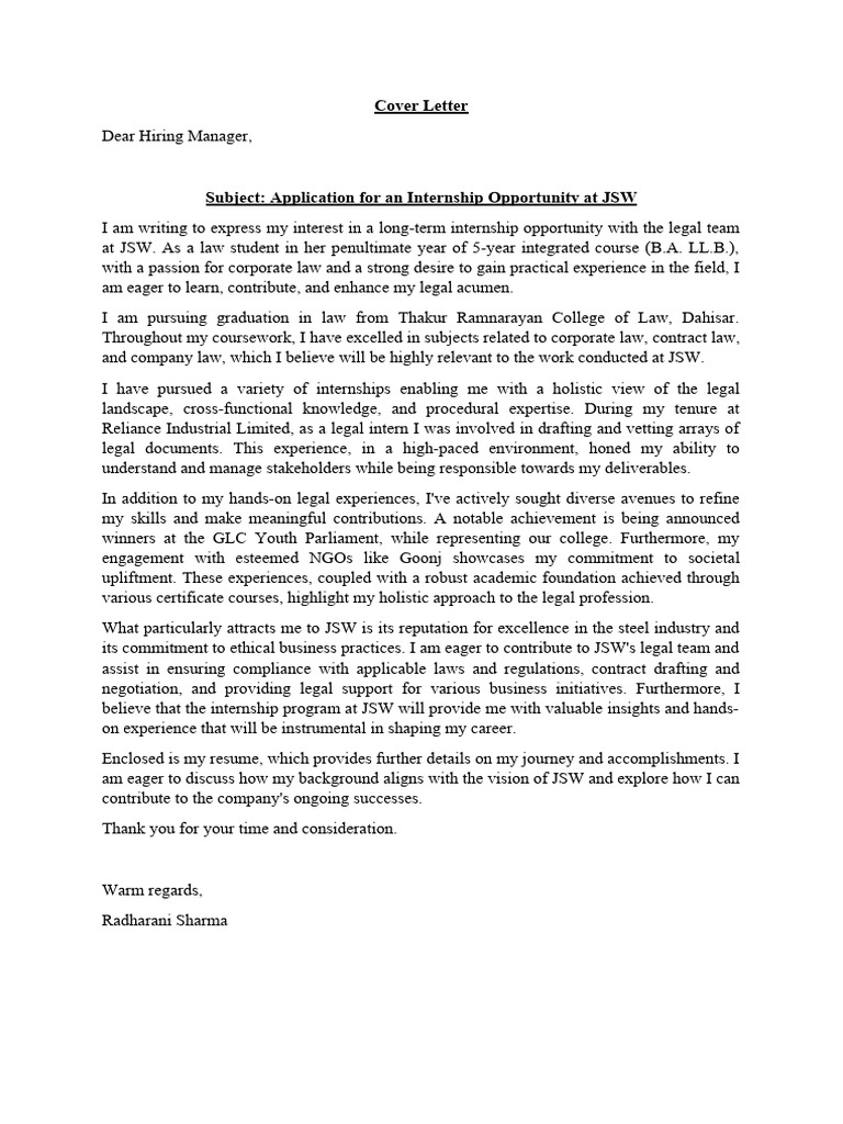 Cover Letter JSW | Download Free PDF | Internship | Job Hunting