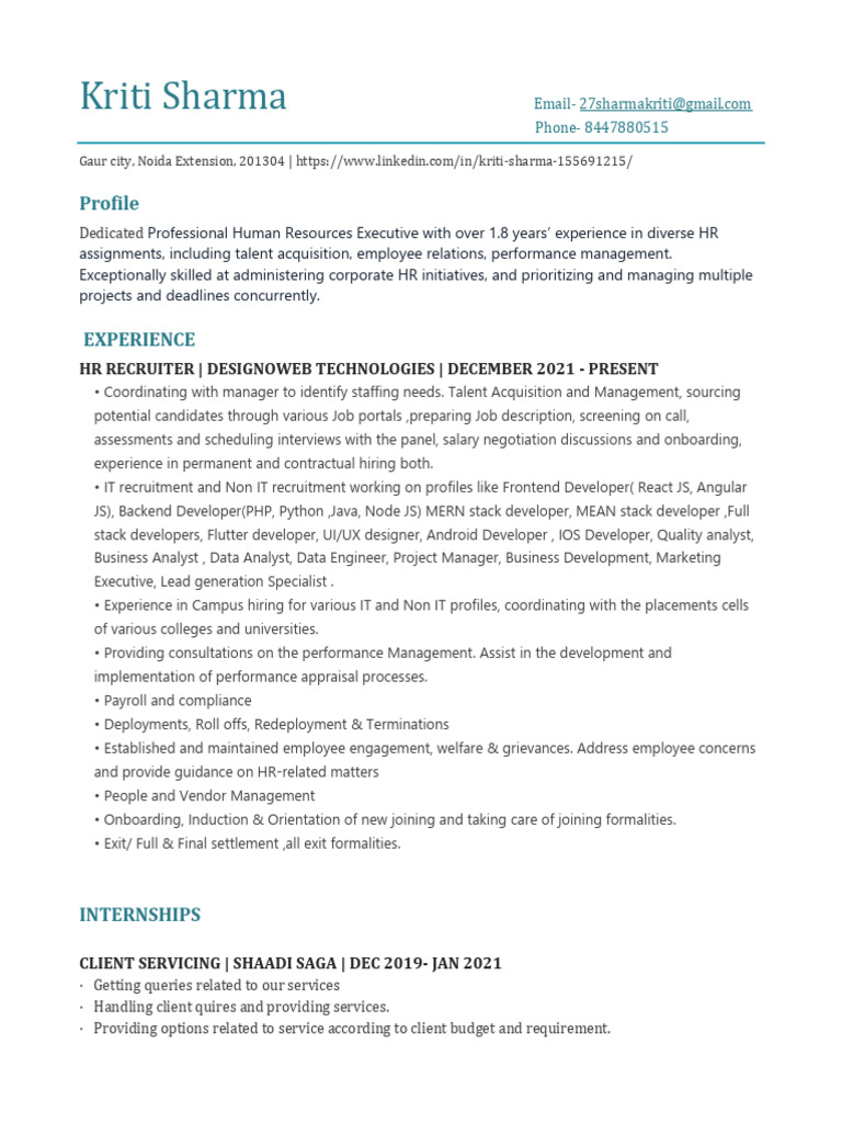 Kriti Sharma - Resume | PDF | Recruitment | Human Resources