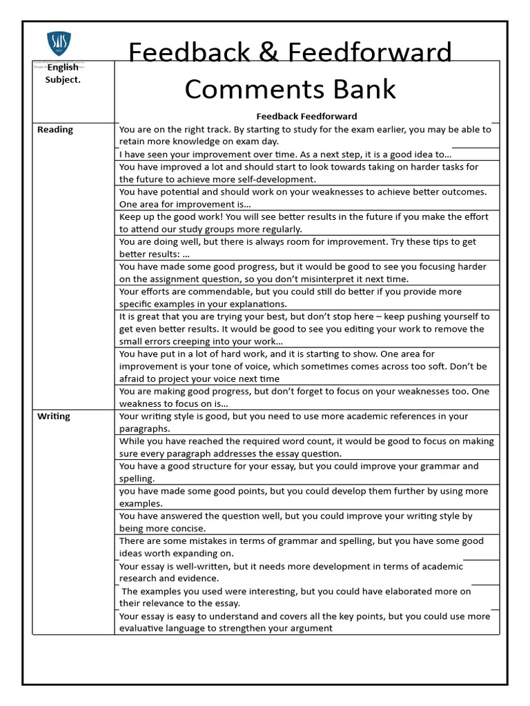 Feedback & Feedforward Comments Bank | PDF | Idiom | Vocabulary