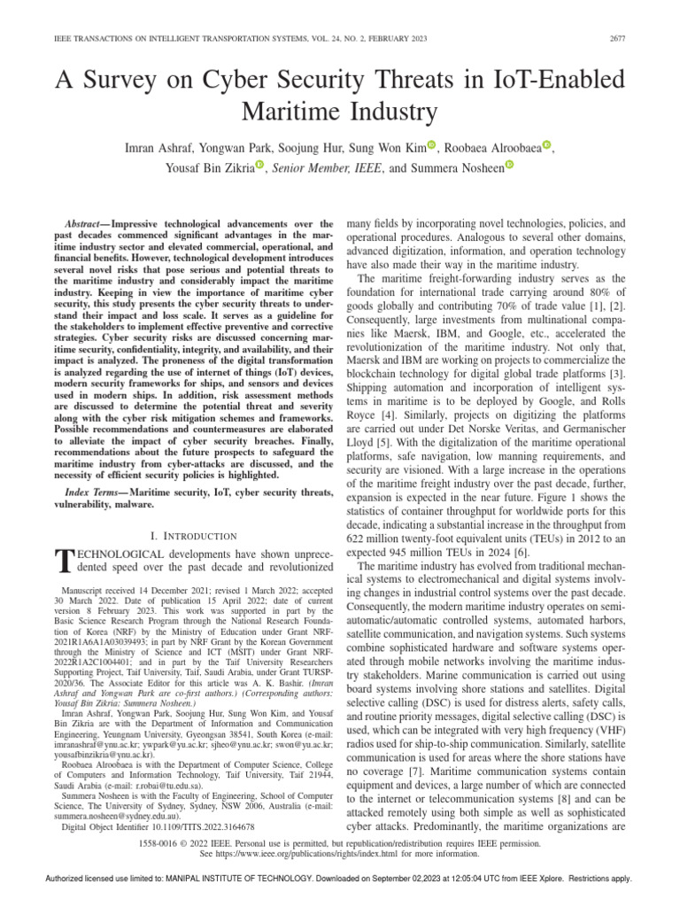 A Survey On Cyber Security Threats in IoT-Enabled Maritime Industry | PDF | Security | Computer ...