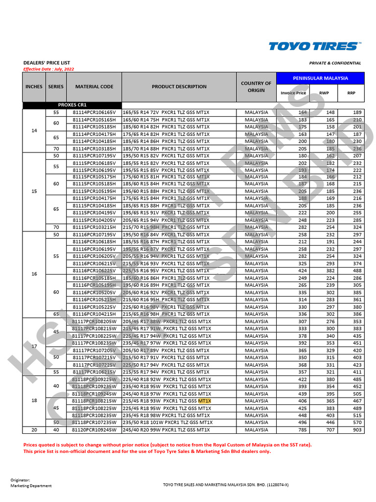Toyo Tyre Price List Malaysia 2022 | PDF