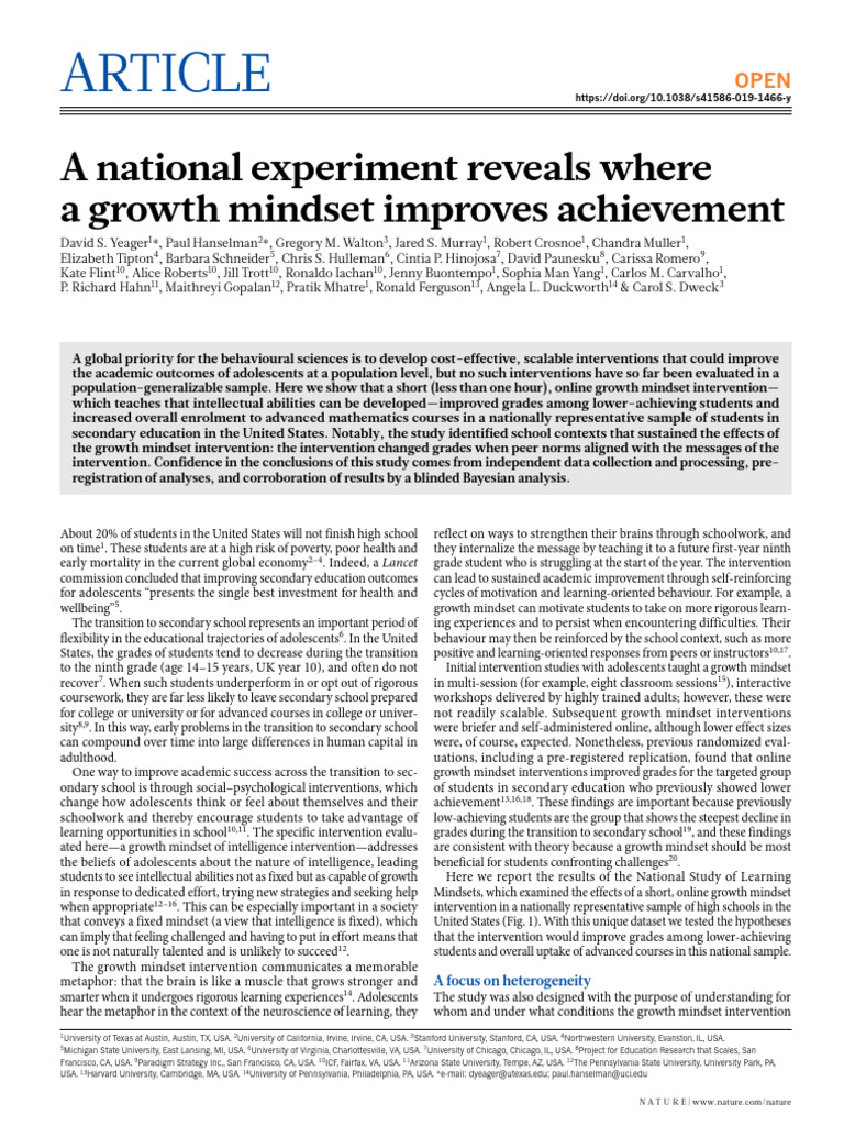 Yeager Et Al. - 2019 | PDF | Mindset | Adolescence