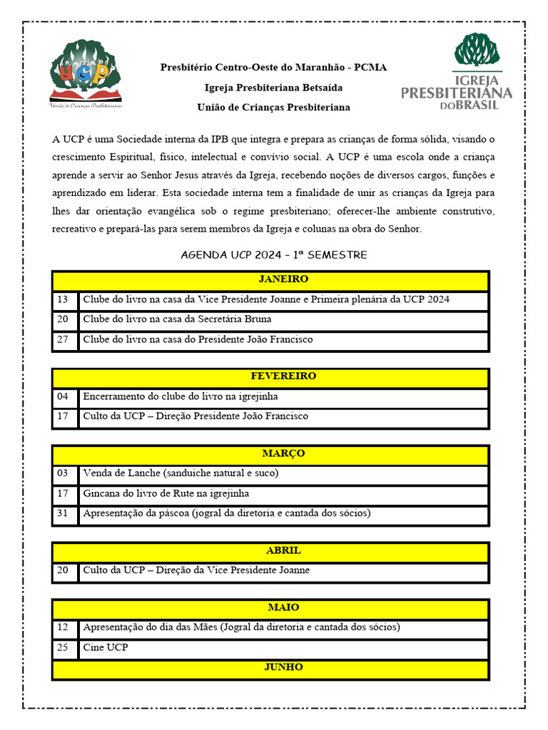 Agenda UCP 2024 - Presbiteriana Betsaída | PDF | Bem-estar | Estilo de vida