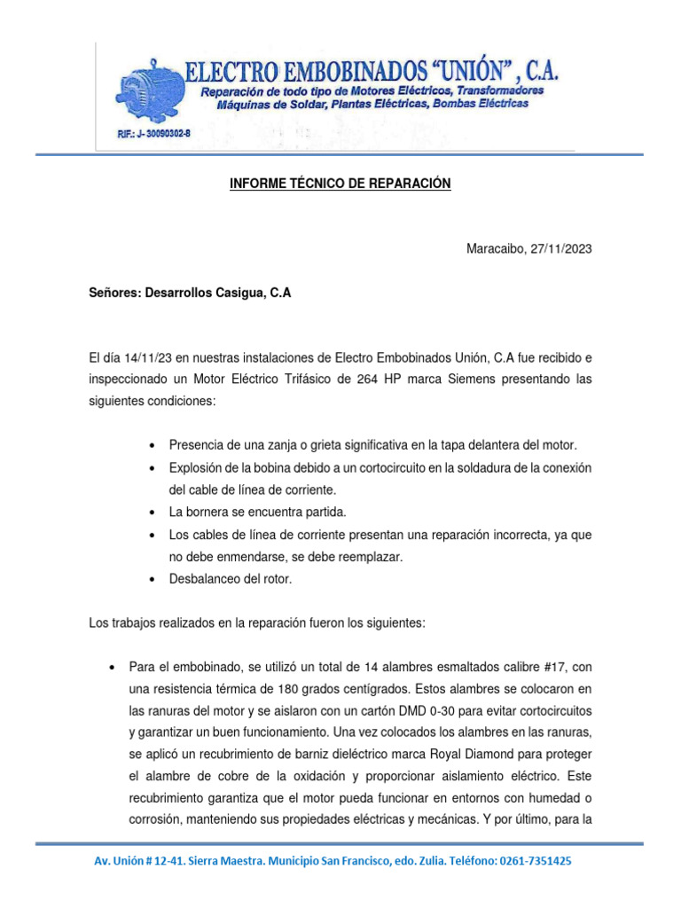 Informe de Reparacion de Motor 264HP Desarrollos Casigua | PDF ...